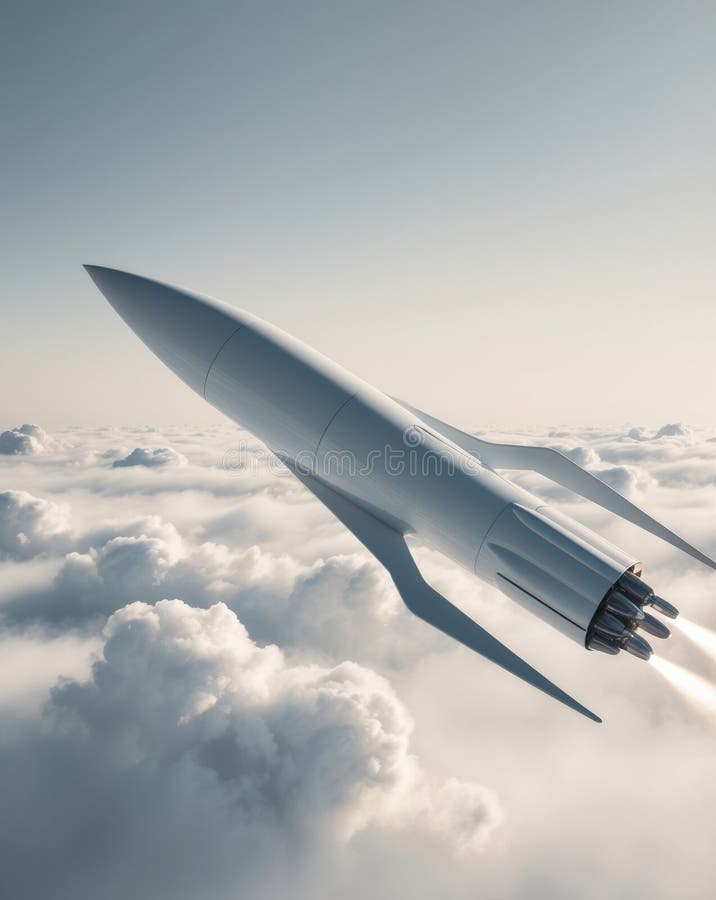 A Futuristic Modern White Rocket Zooming through Fluffy Clouds Stock ...