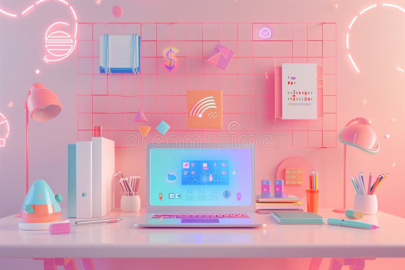 Futuristic Modern Work Desk with Computer and Stationary in Pastel ...