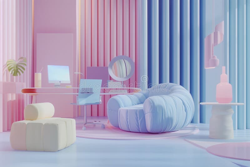 Futuristic Modern Workspace with Computer in Pastel Room. Minimal ...