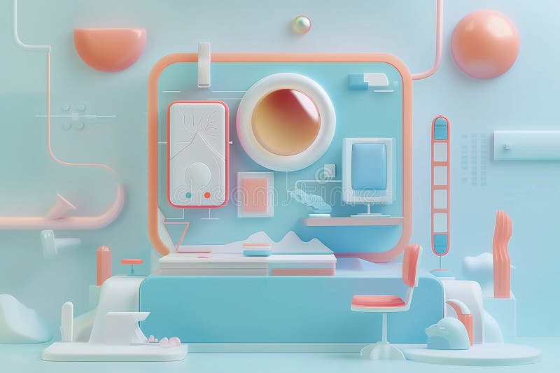 Futuristic Modern Workspace or Study with Computer in Pastel Room ...