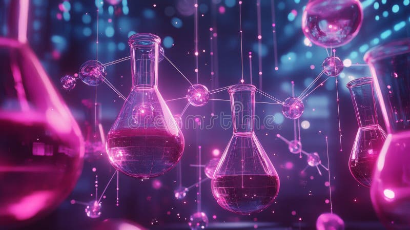 Futuristic Molecular Structure with Glowing Pink Laboratory Flasks ...