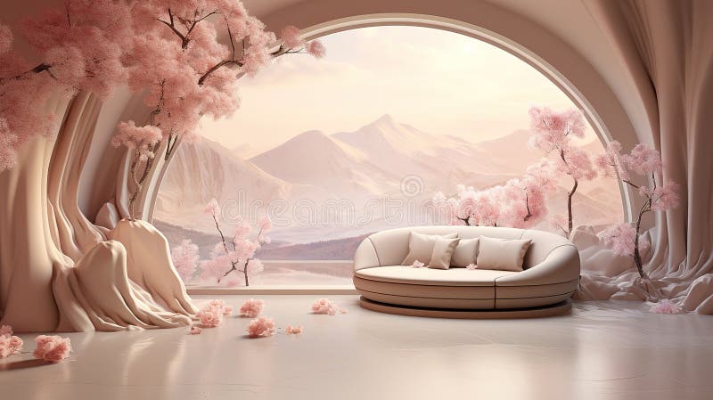 Futuristic Monochrome Room - Pastel Pink Tree and Big Window Stock ...
