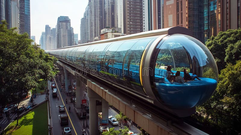 Futuristic Monorail System Weaving through City Underglass Tubes. Stock ...
