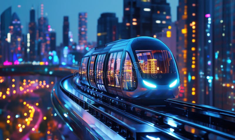 Futuristic Monorail Train Gliding through Vibrant Cityscape at Night ...