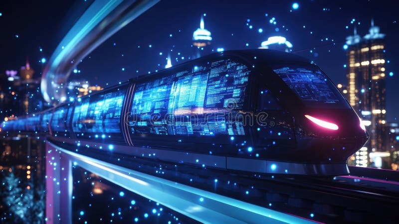 Futuristic Monorail Train Moving through Smart City at Night with ...