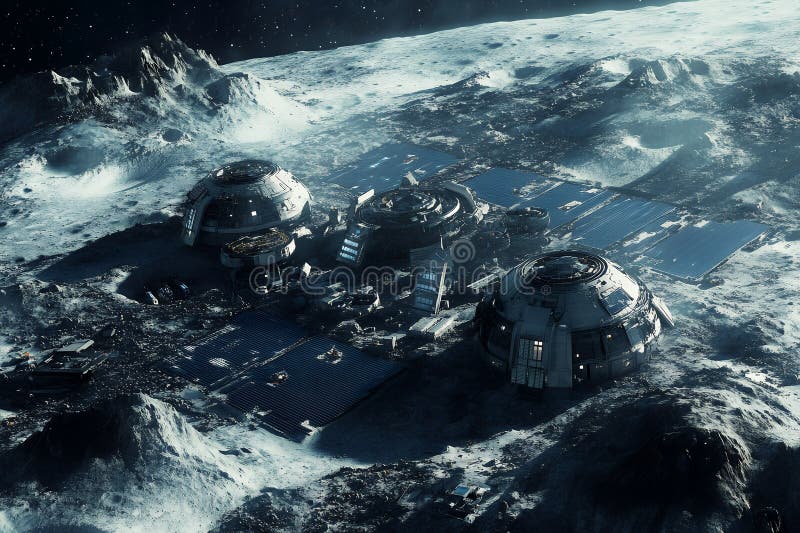 A Futuristic Moon Base with Domed Structures and Solar Panels Under a ...