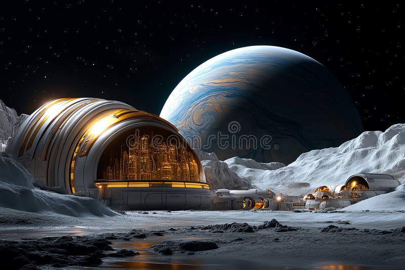 Futuristic Moon Base with a Large Planet in the Background, Showcasing ...