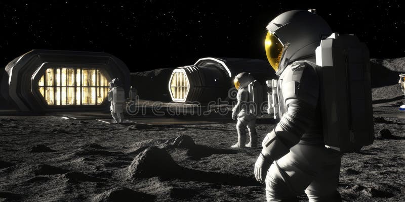 A Futuristic Moon Base with Sleek Habitats, Glowing Walkways, and ...
