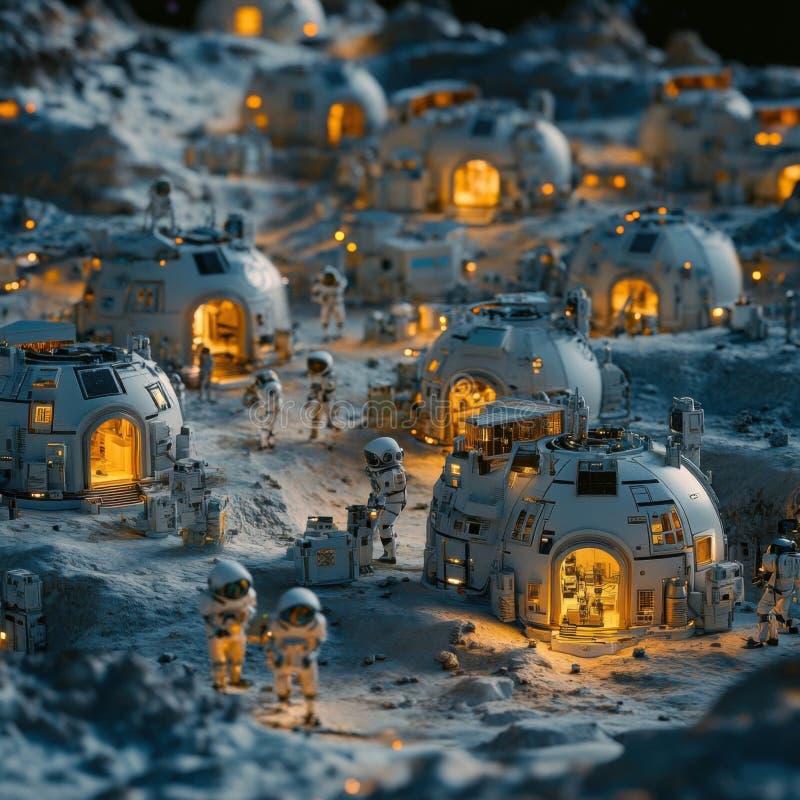 Futuristic Moon Colony with Astronauts and Living Modules at Night ...