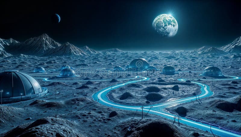 Futuristic Moon Colony with Earth in Background Stock Illustration ...