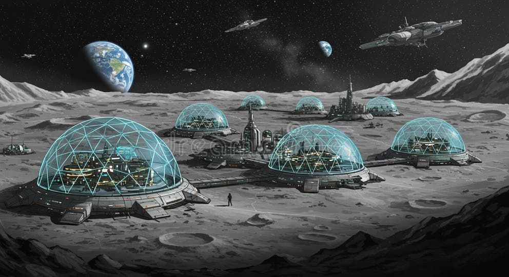 A Futuristic Moon Colony Features Several Interconnected Geodesic Domes ...