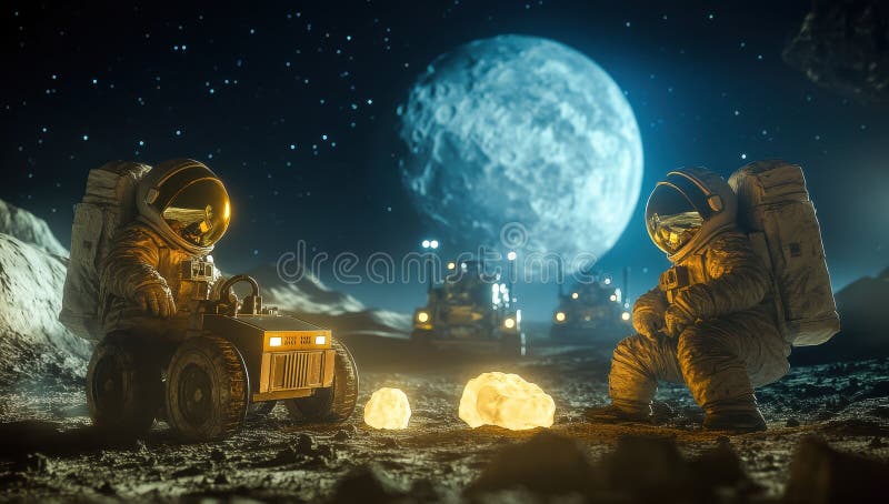 Astronauts Exploring Moon with Rovers at Night Stock Photo - Image of ...