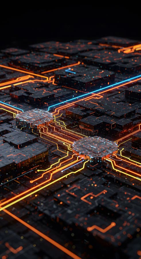 Abstract Futuristic Motherboard with Glowing Orange and Blue Lines on ...