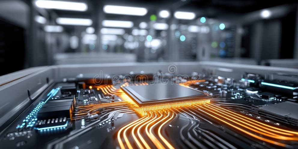 Generative AI Futuristic Motherboard with Glowing Circuits Illustrating ...