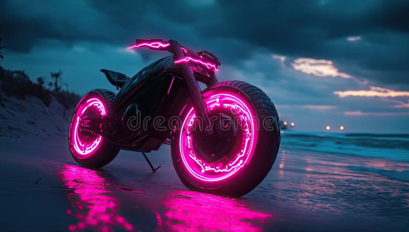 Neon Motorcycle on Beach stock photo. Image of modern - 390308188