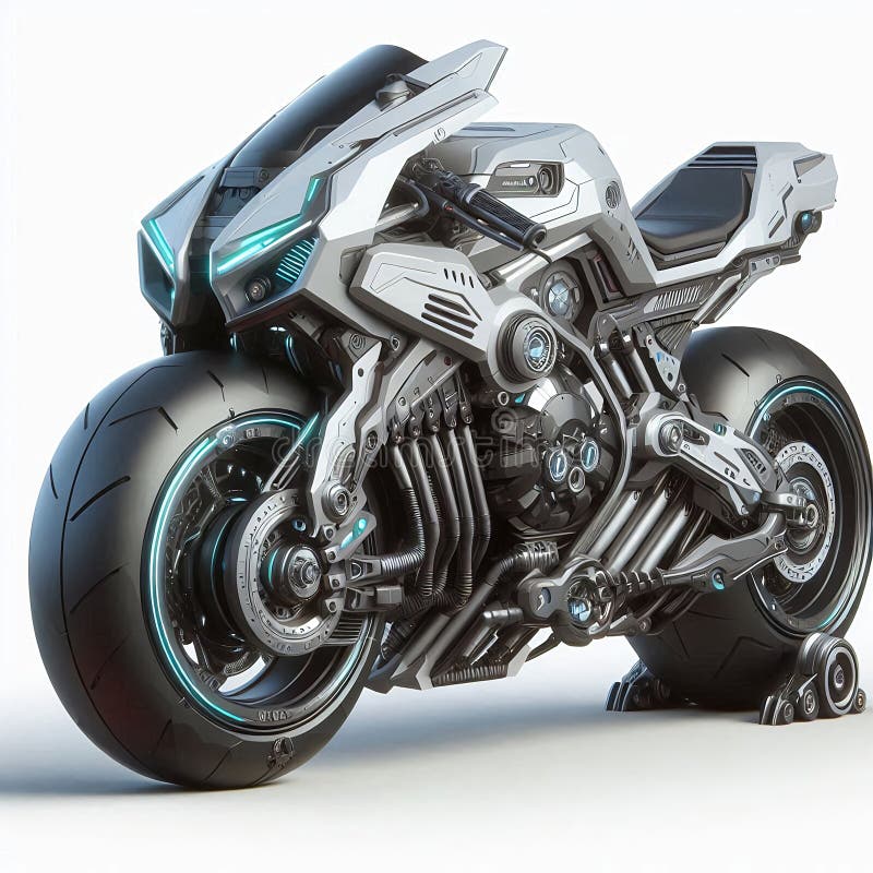 A Futuristic Motorcycle with a Complex Mechanical Design and Blue Neon ...