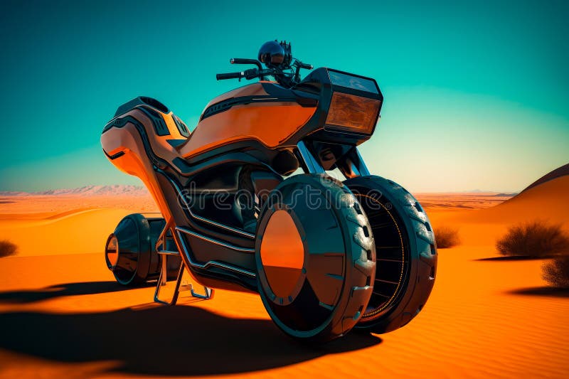 Futuristic Motorcycle is Parked on Desert Road with Sunset in the ...