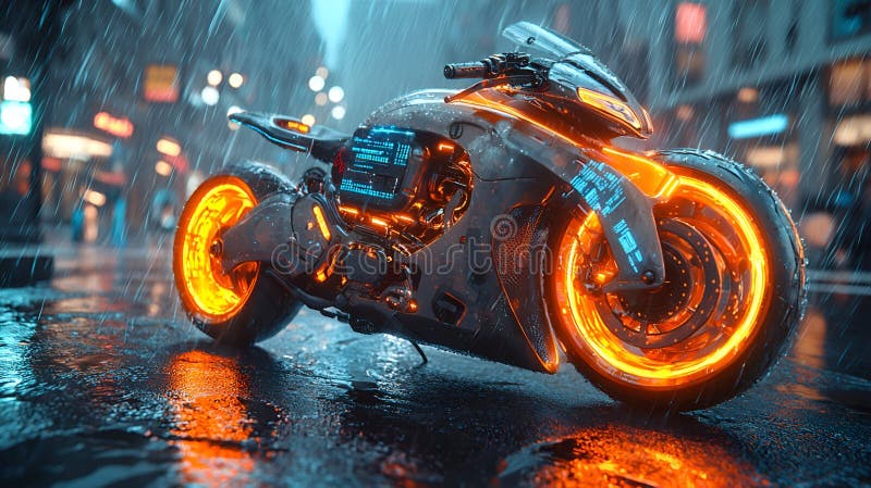 Futuristic Motorcycle, Rain, City, Night, Speed Stock Image - Image of ...