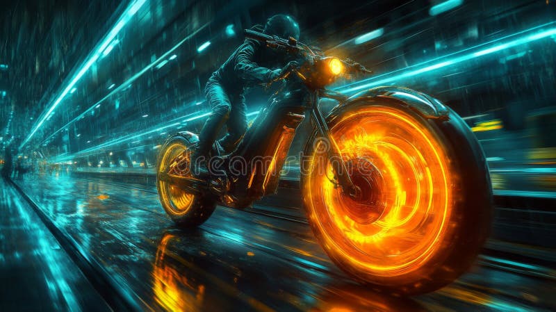 Futuristic Motorcycle Rider in Neon City at Night Stock Illustration ...