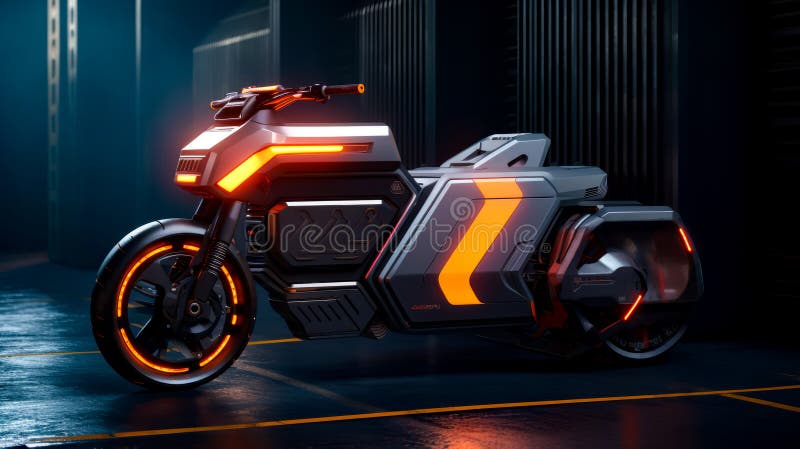 Futuristic Motorcycle is Shown in Dimly Lit Area of Dark City ...