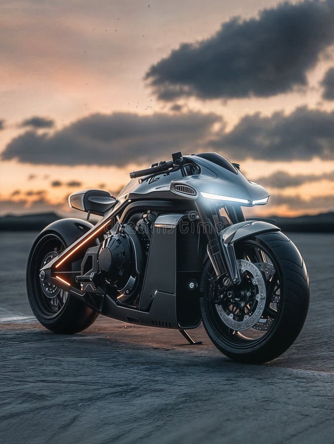 Futuristic Motorcycle at Sunset Stock Illustration - Illustration of ...