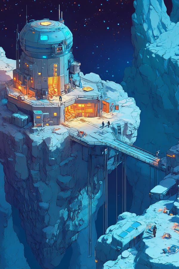 Futuristic Mountain Base with Illuminated Structures and Starry Sky in ...