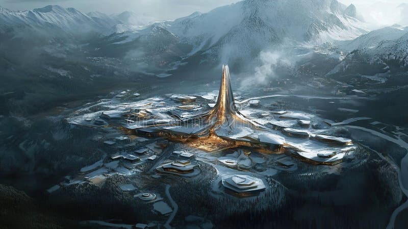 Futuristic Mountain City Aerial Winter Glow Stock Image - Image of ...