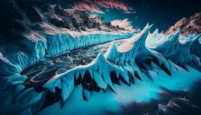 Futuristic Mountain Landscape with Blue Ice Waves Generated by AI Stock ...