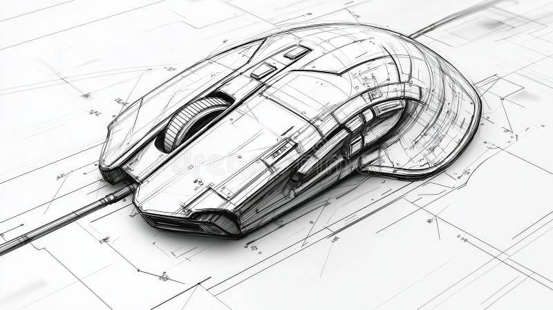 Futuristic Mouse Concept Sketch with Detailed Lines and Dimensions ...