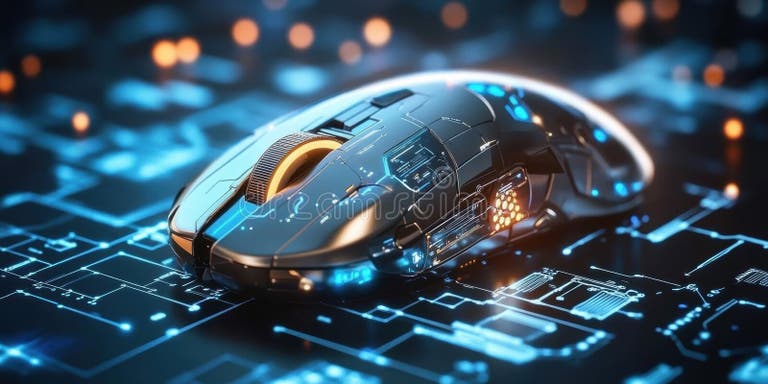 Futuristic Mouse Rests on Circuit Board with Blue Lights, Advanced ...