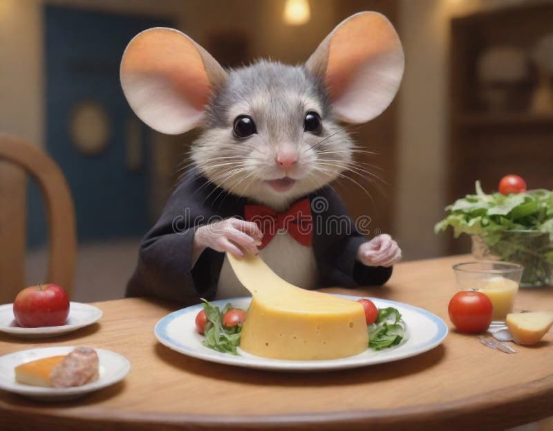 Futuristic Mouse Sitting in a Restaurant and Having Dinner with Cheese ...