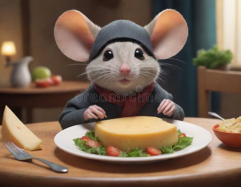Futuristic Mouse Sitting in a Restaurant and Having Dinner with Cheese ...