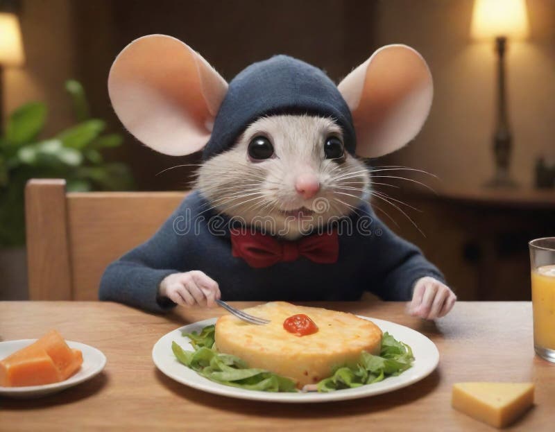 Futuristic Mouse Sitting in a Restaurant and Having Dinner with Cheese ...
