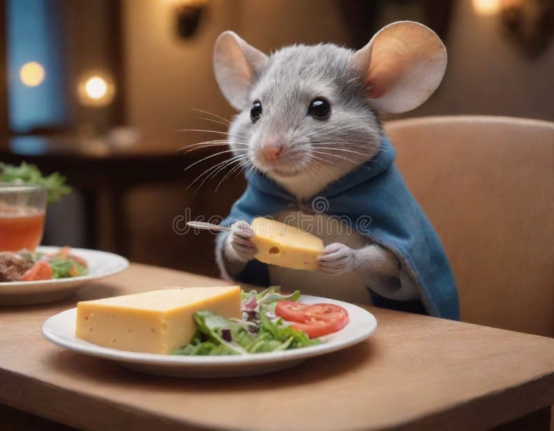 Futuristic Mouse Sitting in a Restaurant and Having Dinner with Cheese ...