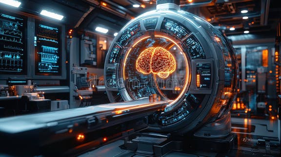 Futuristic MRI Scanner with Glowing Brain Visualization, Showcasing ...