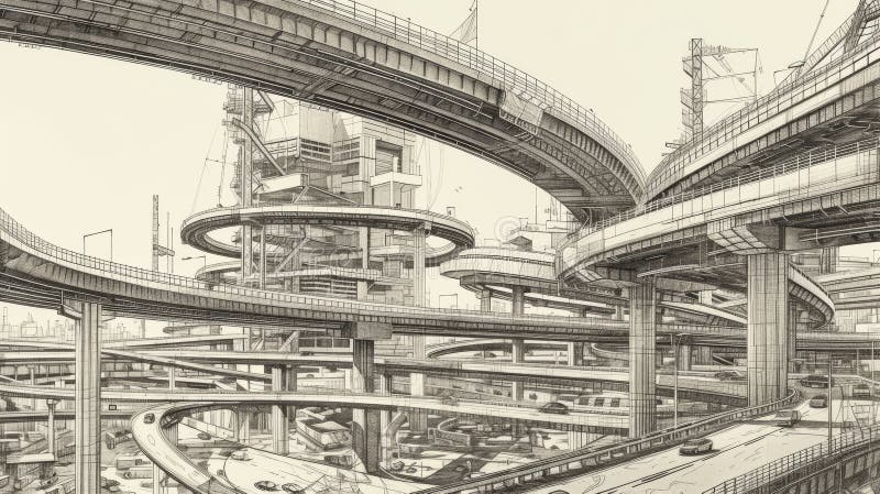 Futuristic Multi-layered Highway Interchange Sketch Stock Image - Image ...