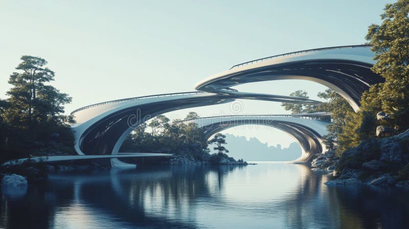 Futuristic Multi-level Bridge Over a Scenic River Stock Photo - Image ...