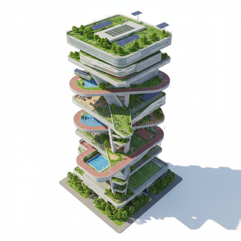 Futuristic Multi-level Building Featuring Rooftop Gardens and Solar ...