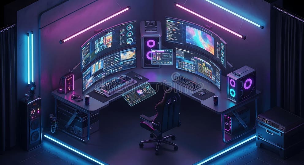 Futuristic Multi-monitor Computer Workstation with Neon Lighting and ...
