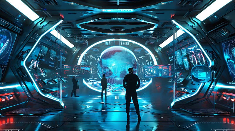 Futuristic Museum Hall with Interactive Exhibits Stock Illustration ...