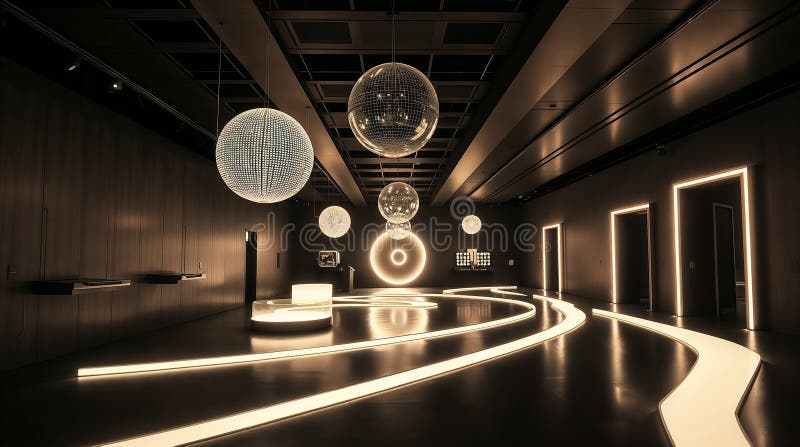 Futuristic Museum Interior Design with Illuminated Path and Hanging ...