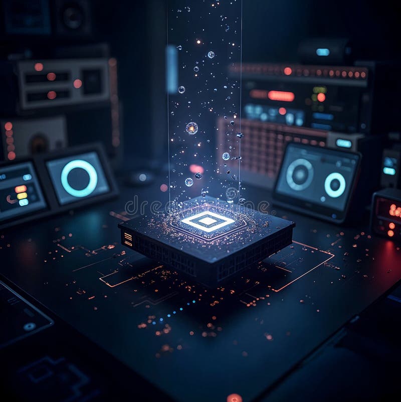 Futuristic Music Studio with Glowing Cube Device and Atmospheric ...