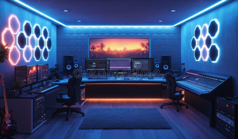 Futuristic Music Studio with Neon Blue and White Lighting and Advanced ...