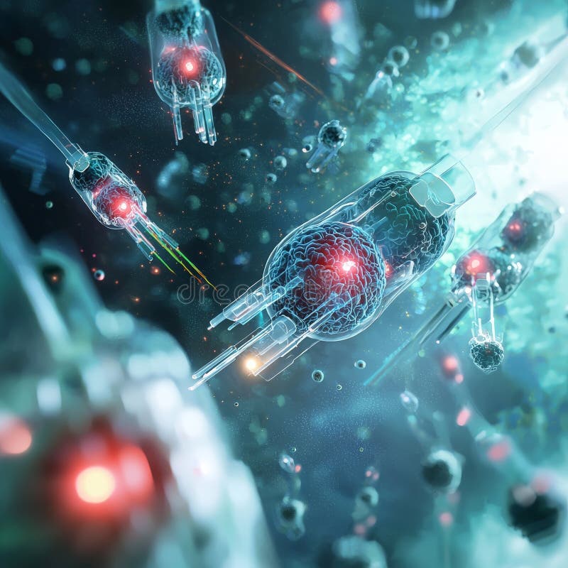 Futuristic Nanobots Interacting with Microscopic Organisms Stock Photo ...