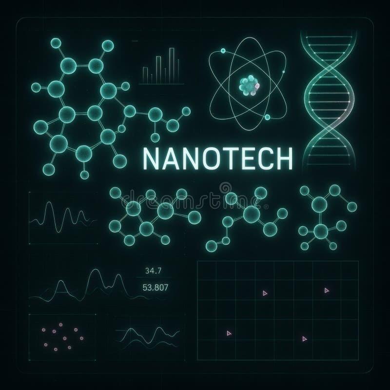 Futuristic Nanotech HUD Interface with Molecules, DNA Helix, Atomic Model, and Data ...