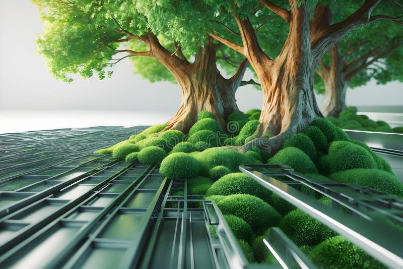 Futuristic Nature Landscape with Trees and Moss on Grid Platform ...