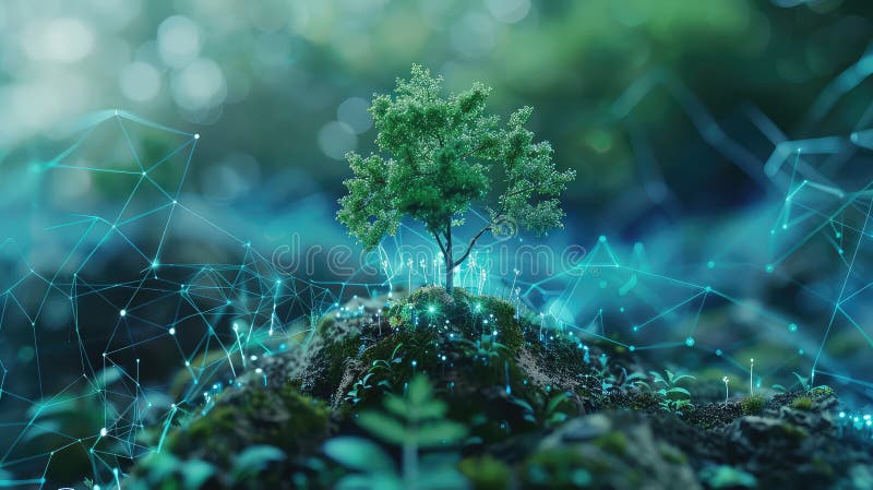 Futuristic Nature Scene with a Lush Green Tree Amidst Glowing Network ...