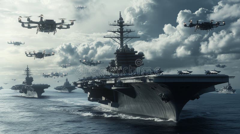 Futuristic Naval Fleet with Advanced Aircraft and Drones Operating in a ...