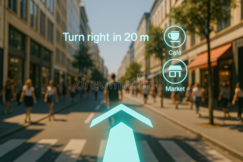 Futuristic Navigation Arrow Guiding through Smart City Street Stock ...