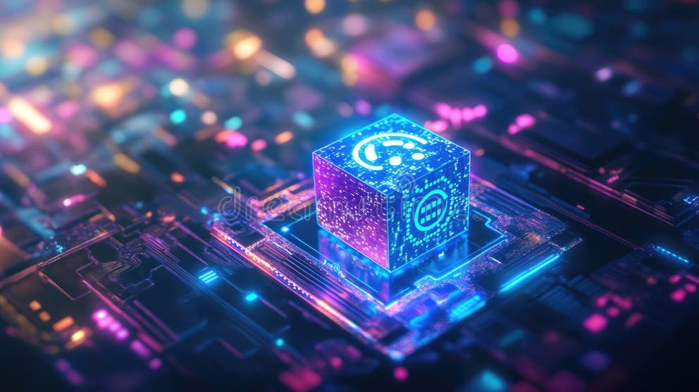 Futuristic Neon Ai Processor with Glowing Circuitry and Digital Cube ...